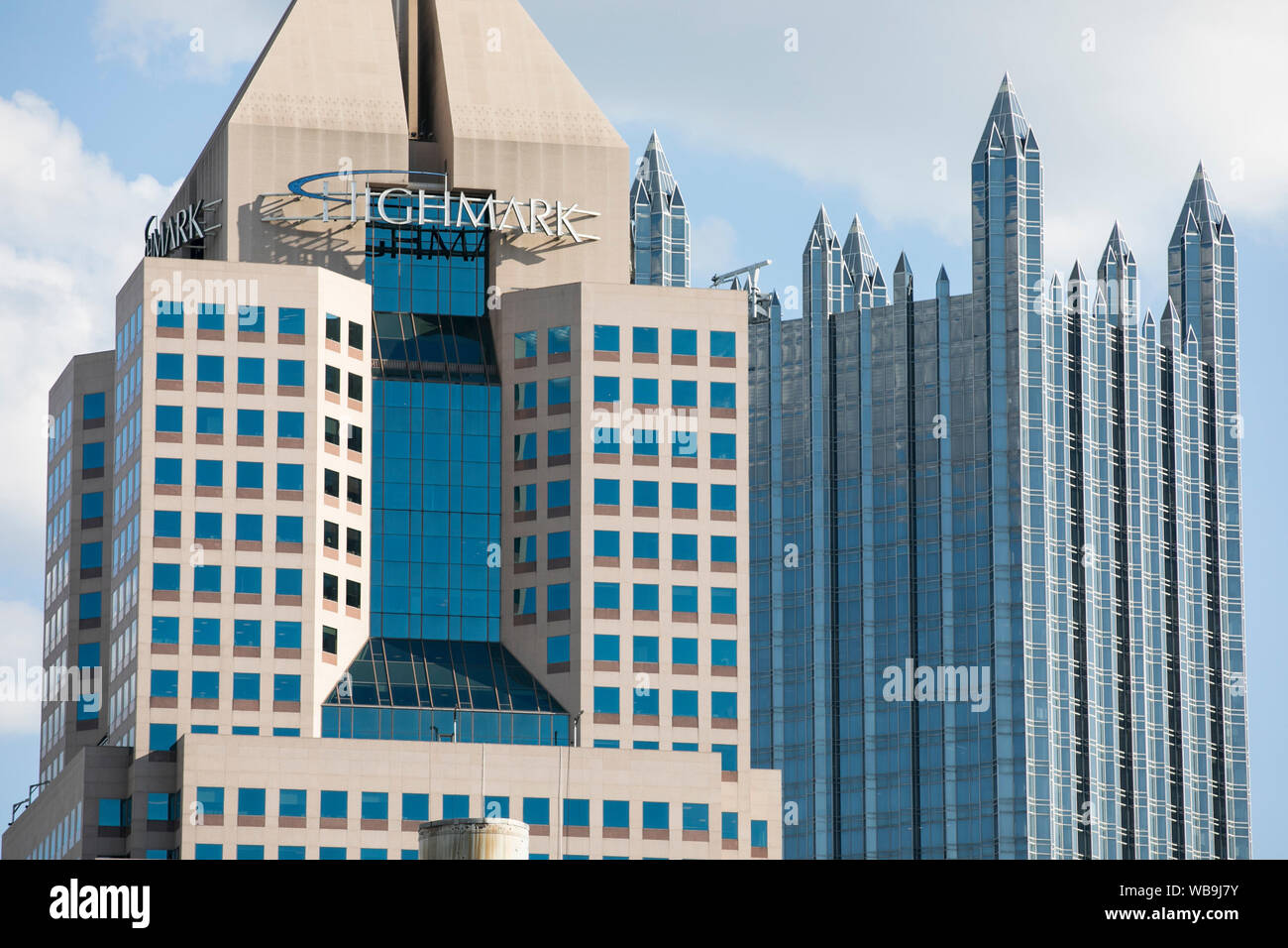 A logo sign outside of the headquarters of Highmark in Pittsburgh ...