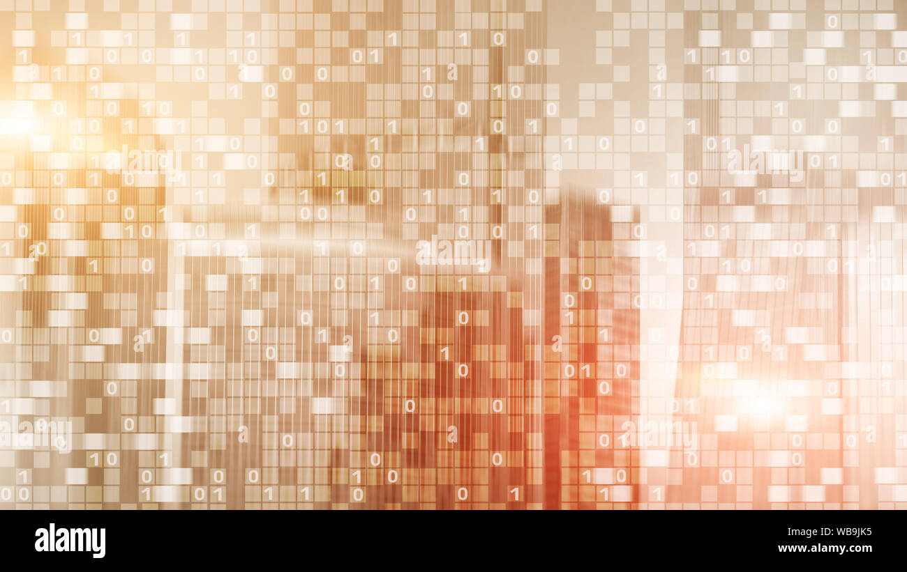 Digital code on blur city background. Abstract Binary code Stock Photo ...