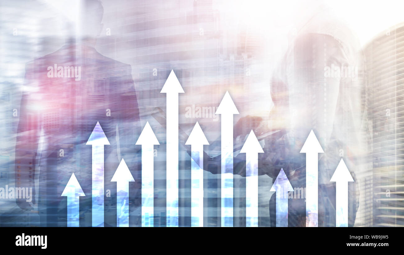 Up arrow graph on skyscraper background. Invesment and financial growth ...