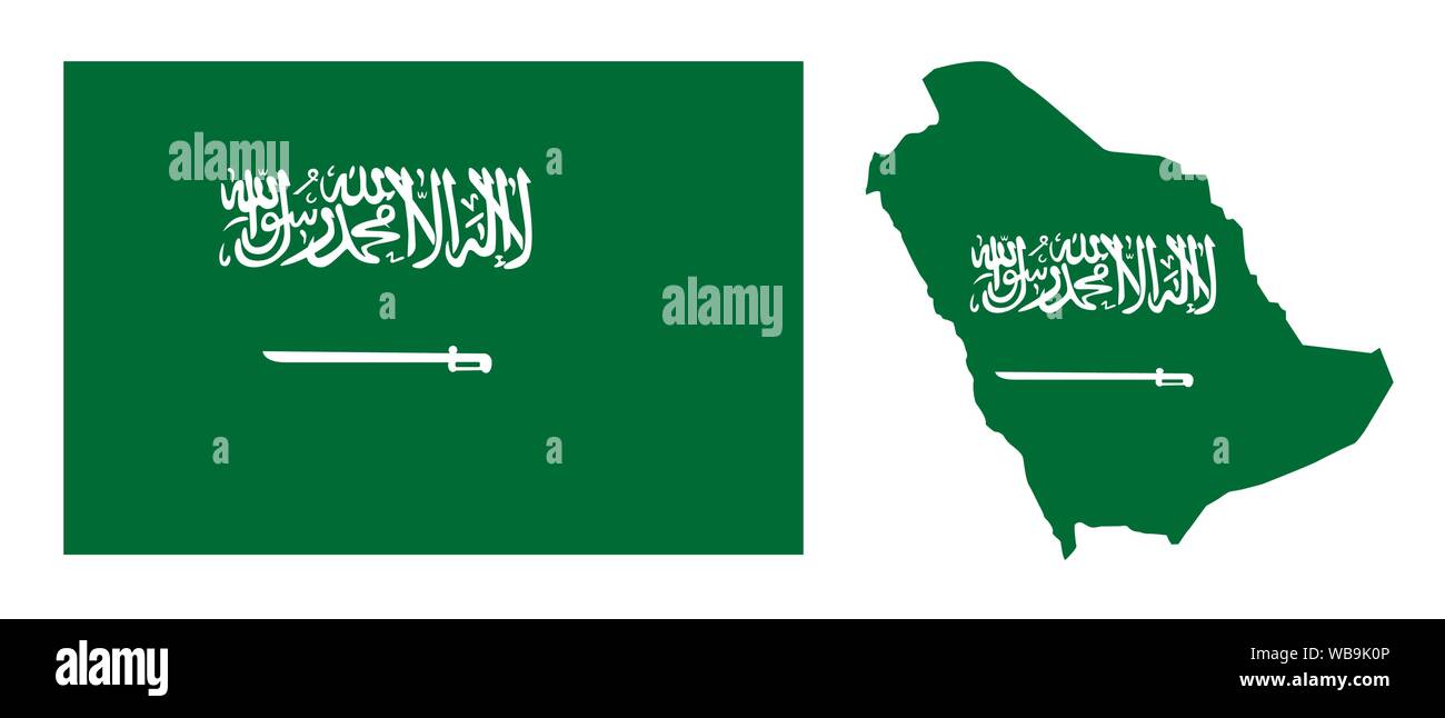 Green flag of saudi arabia with a sword and marked country map. Vector ...