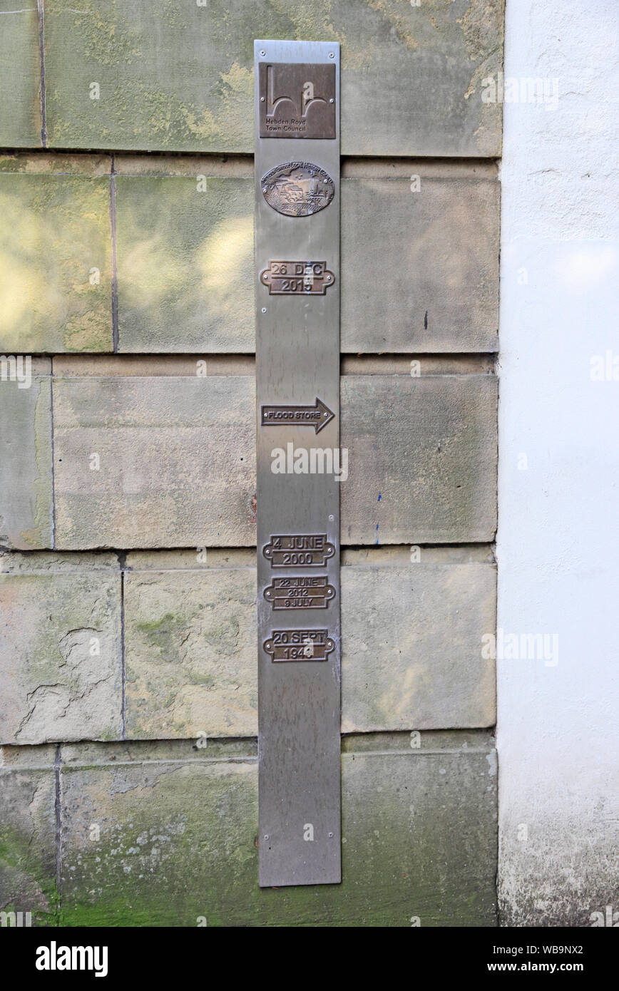 Plaque showing levels of flooding, erected by Hebden Bridge Local ...
