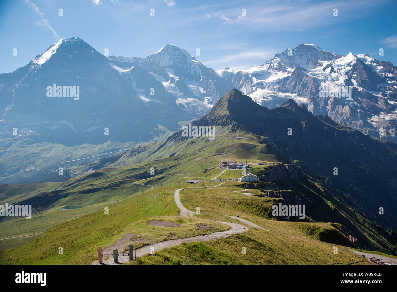 Panorama of Eiger an Monch mountain peaks in summer. View from kleine ...