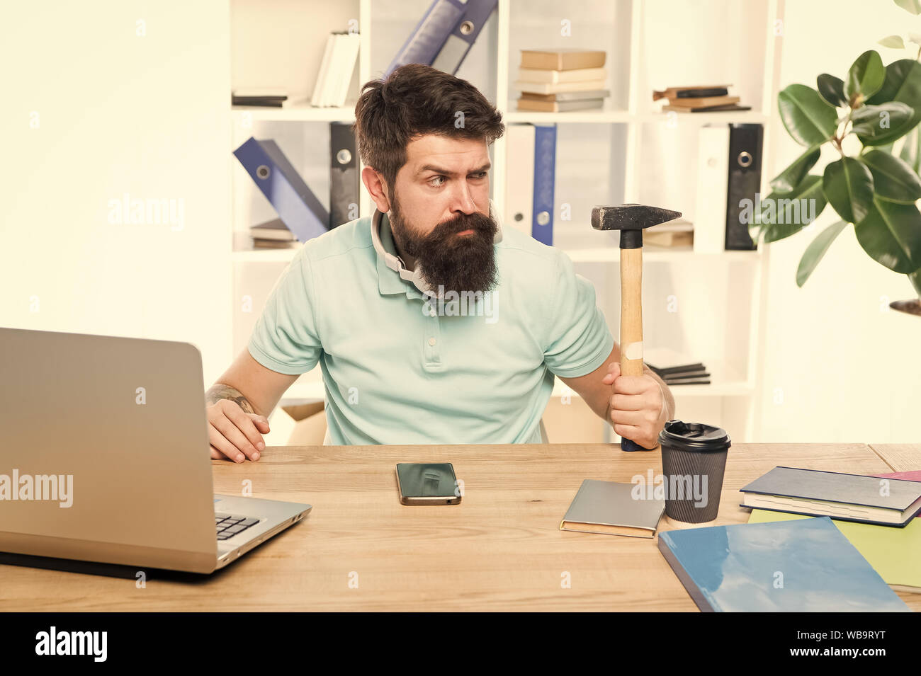 Office life makes him crazy. Businessman with beard and mustache gone ...