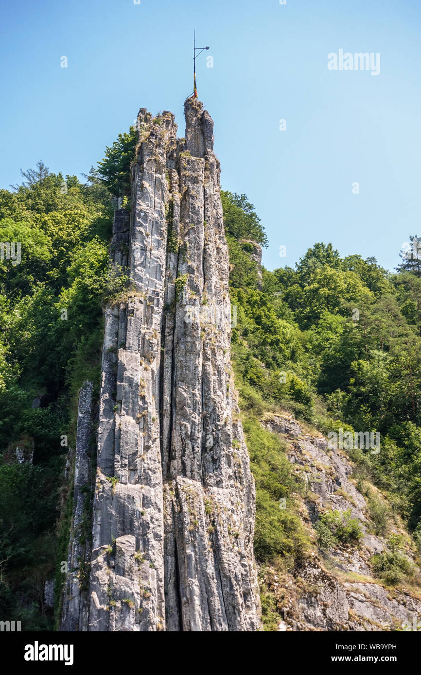 Dinant, Belgium - June 26, 2019: Frontal view. Le rocher Bayard along ...