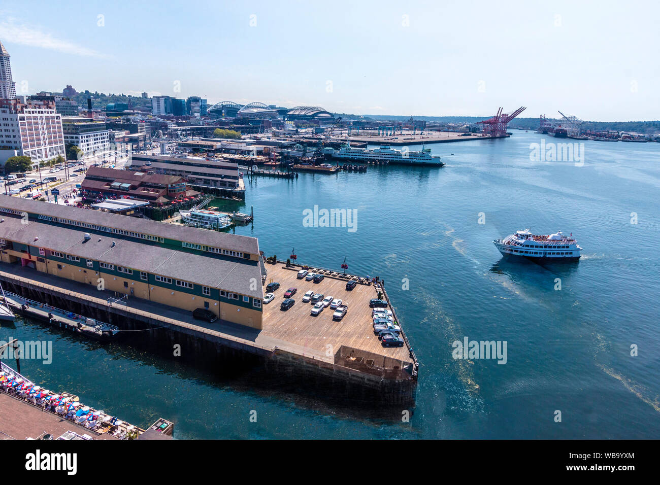View of downtown Seattle, WA, from the Great Wheel, a gondola ride at ...