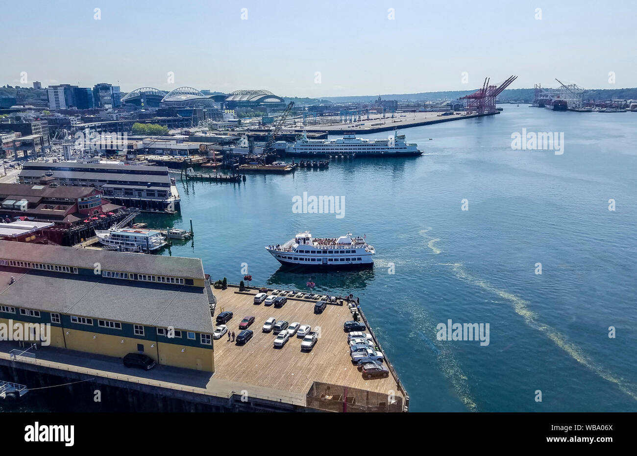 View of downtown Seattle, WA, from the Great Wheel, a gondola ride at ...