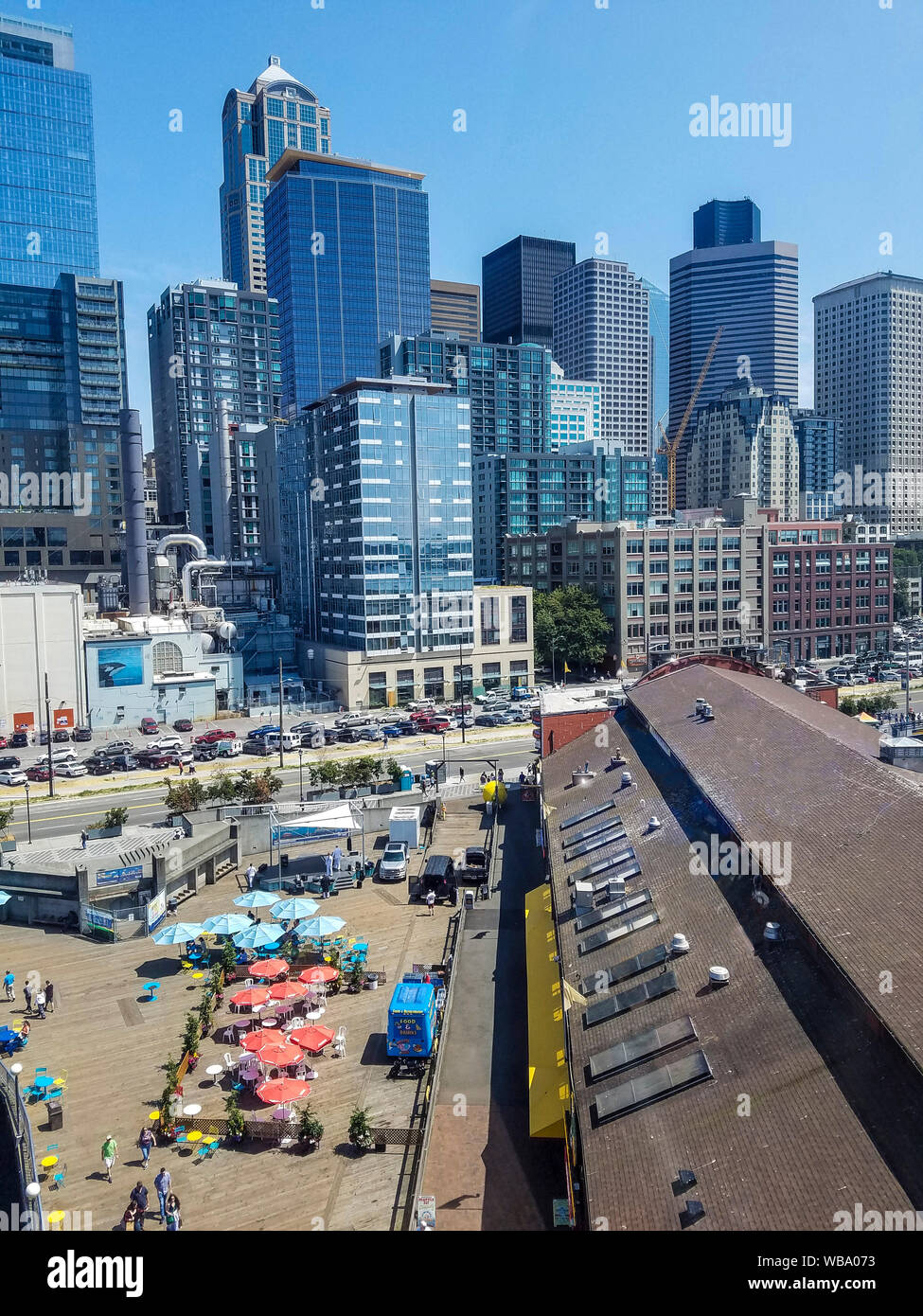 View of downtown Seattle, WA, and the start of Pier 57 from the Great ...