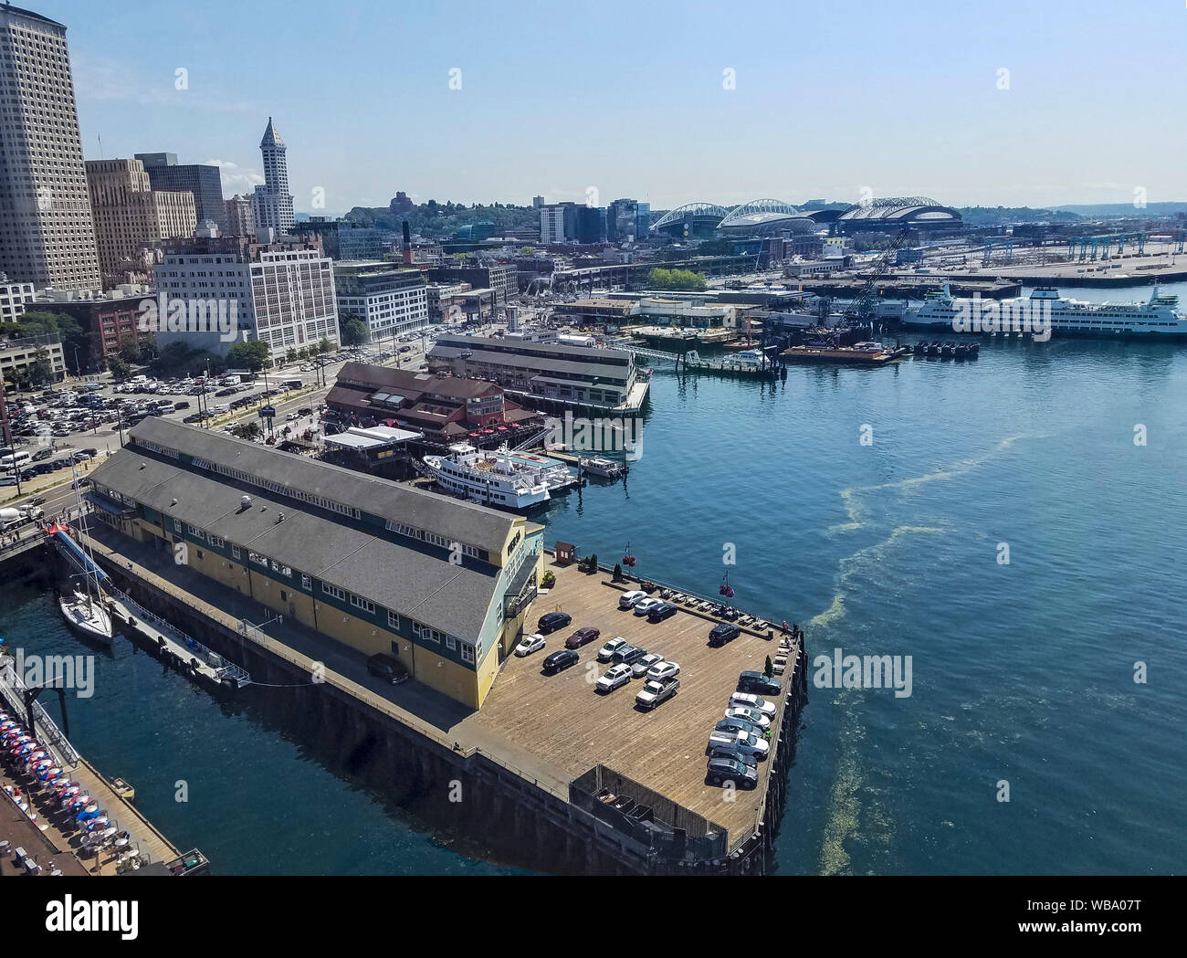 View of downtown Seattle, WA, from the Great Wheel, a gondola ride at ...