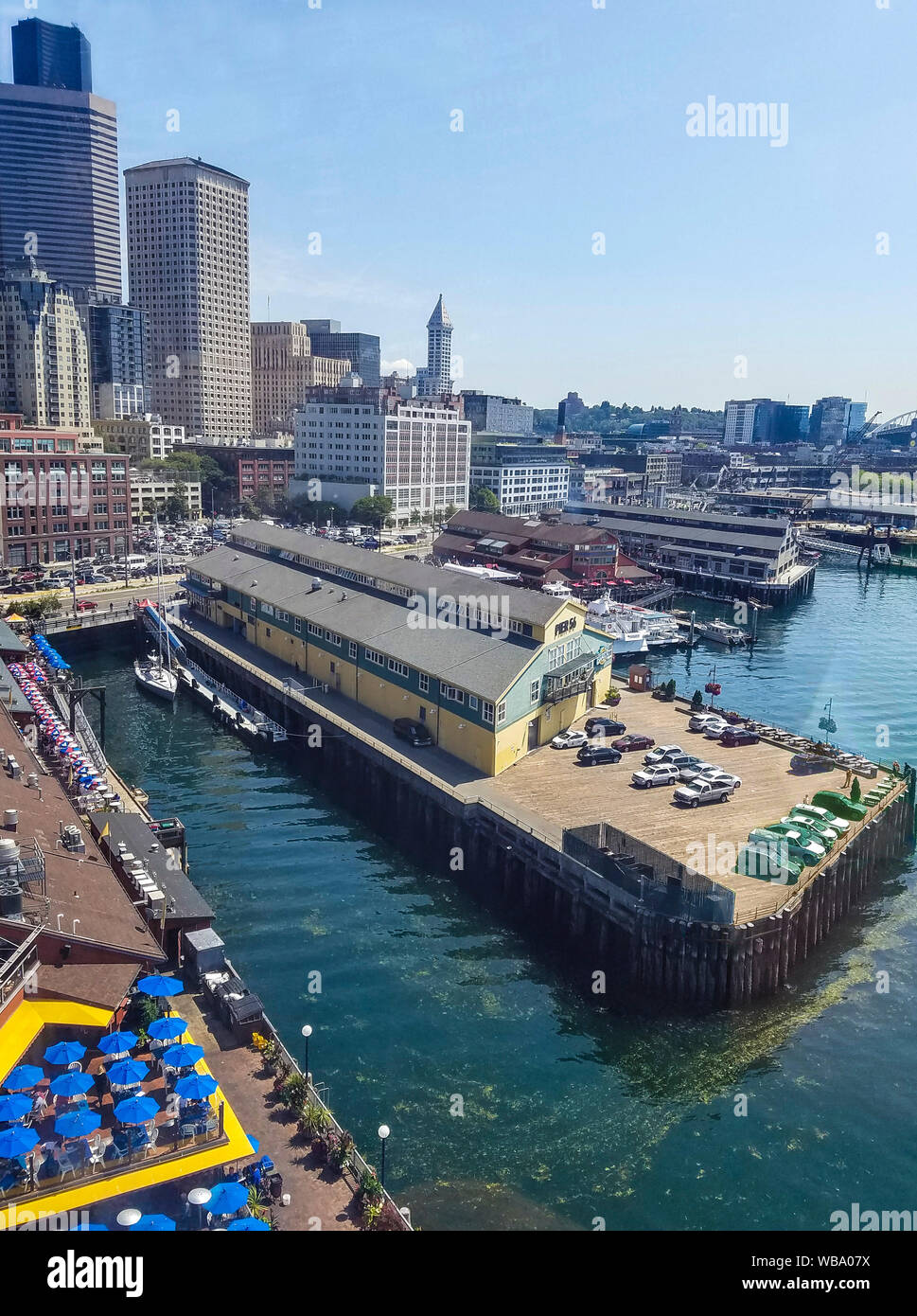 View of downtown Seattle, WA, and the side of Pier 57 from the Great ...