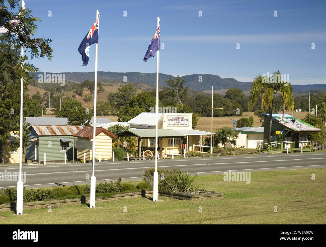 Main street with flagpoles, Rathdowney, Queensland, Australia Stock ...