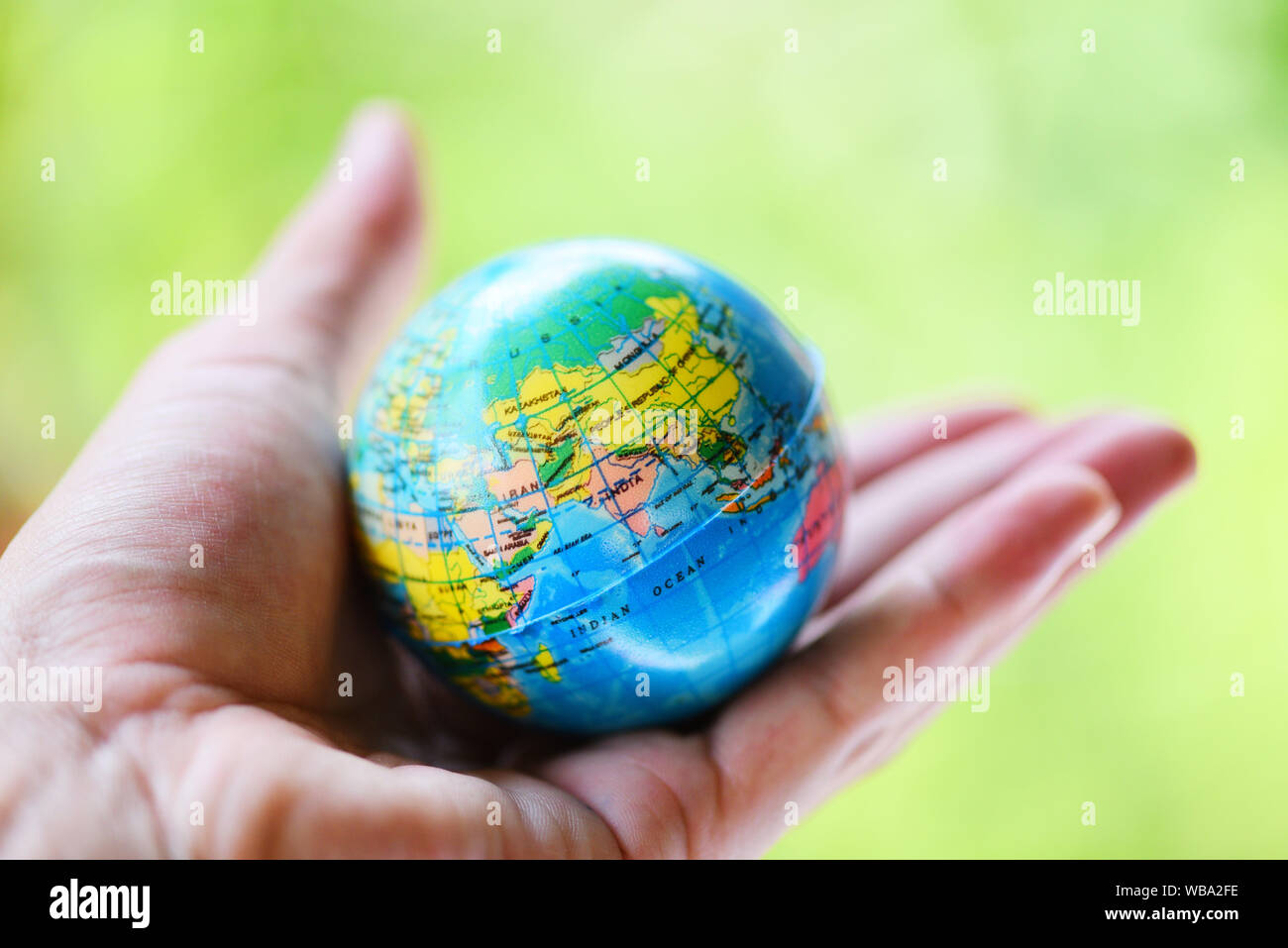 The world in the hand with nature background / hand holding globe with ...