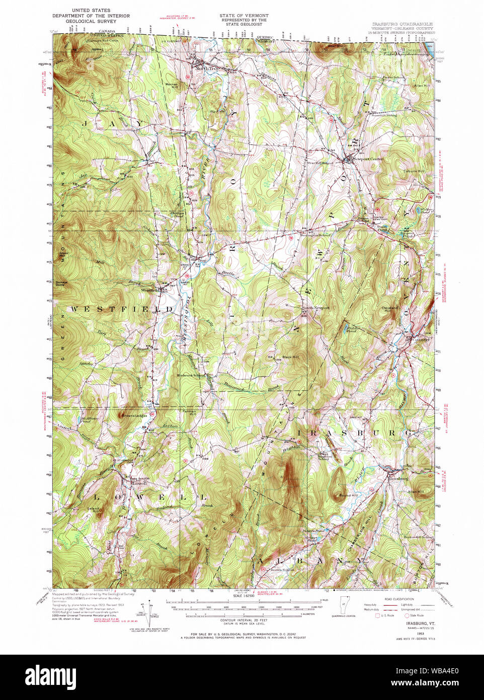 USGS Topo Map Vermont VT Irasburg 337993 1953 62500 Restoration Stock ...