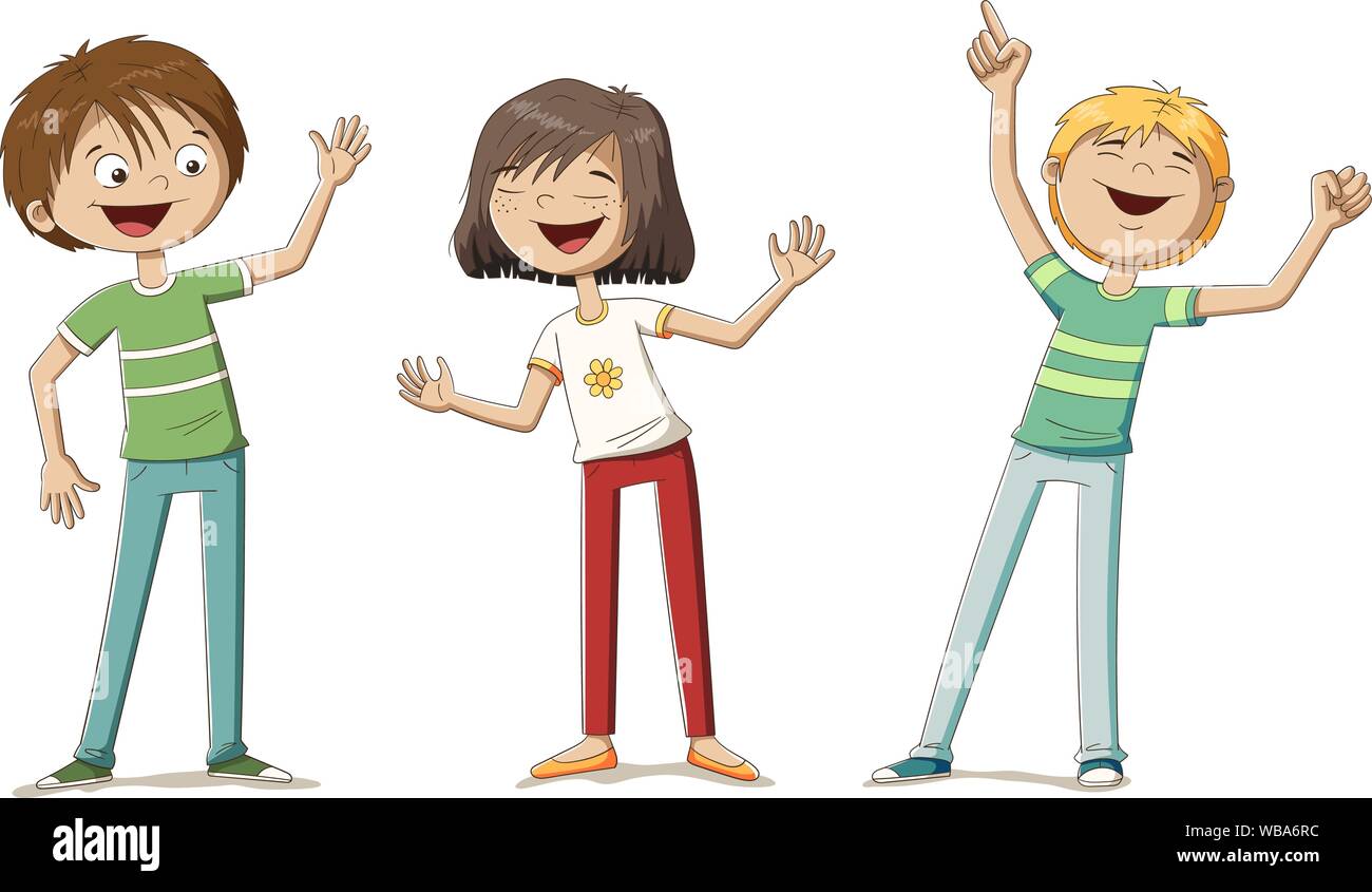 Three happy kids. Funny cartoon hand drawn character. Each on a ...