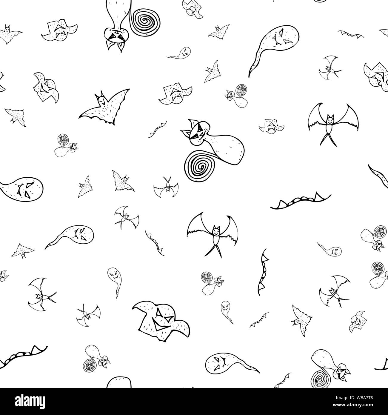 Halloween doodle seamless pattern set isolated on white background ...