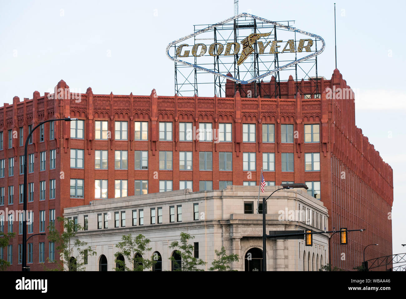 A logo sign outside of the former headquarters of The Goodyear Tire ...