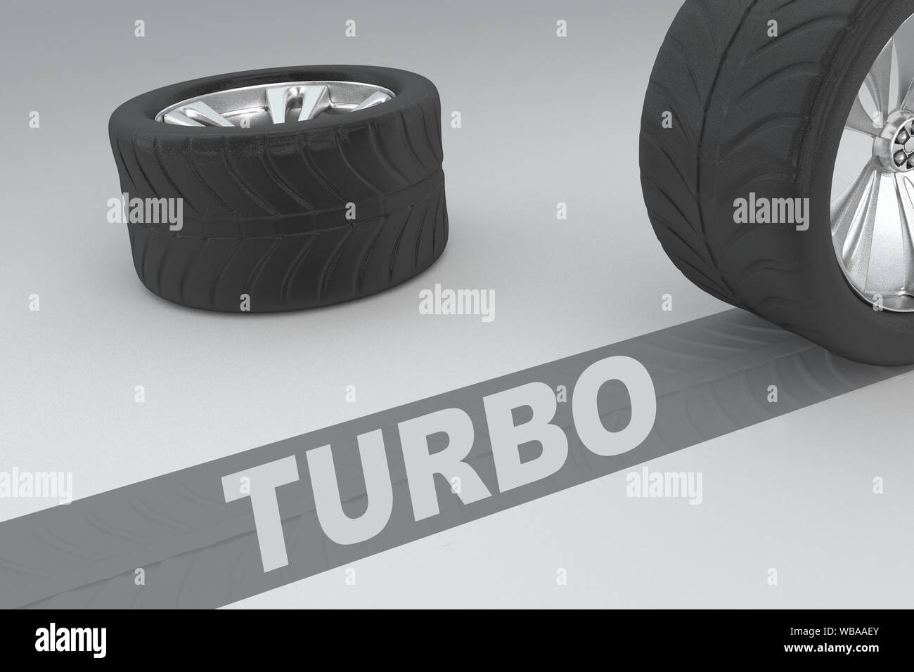 3D illustration of TURBO title with two tires as a background Stock ...