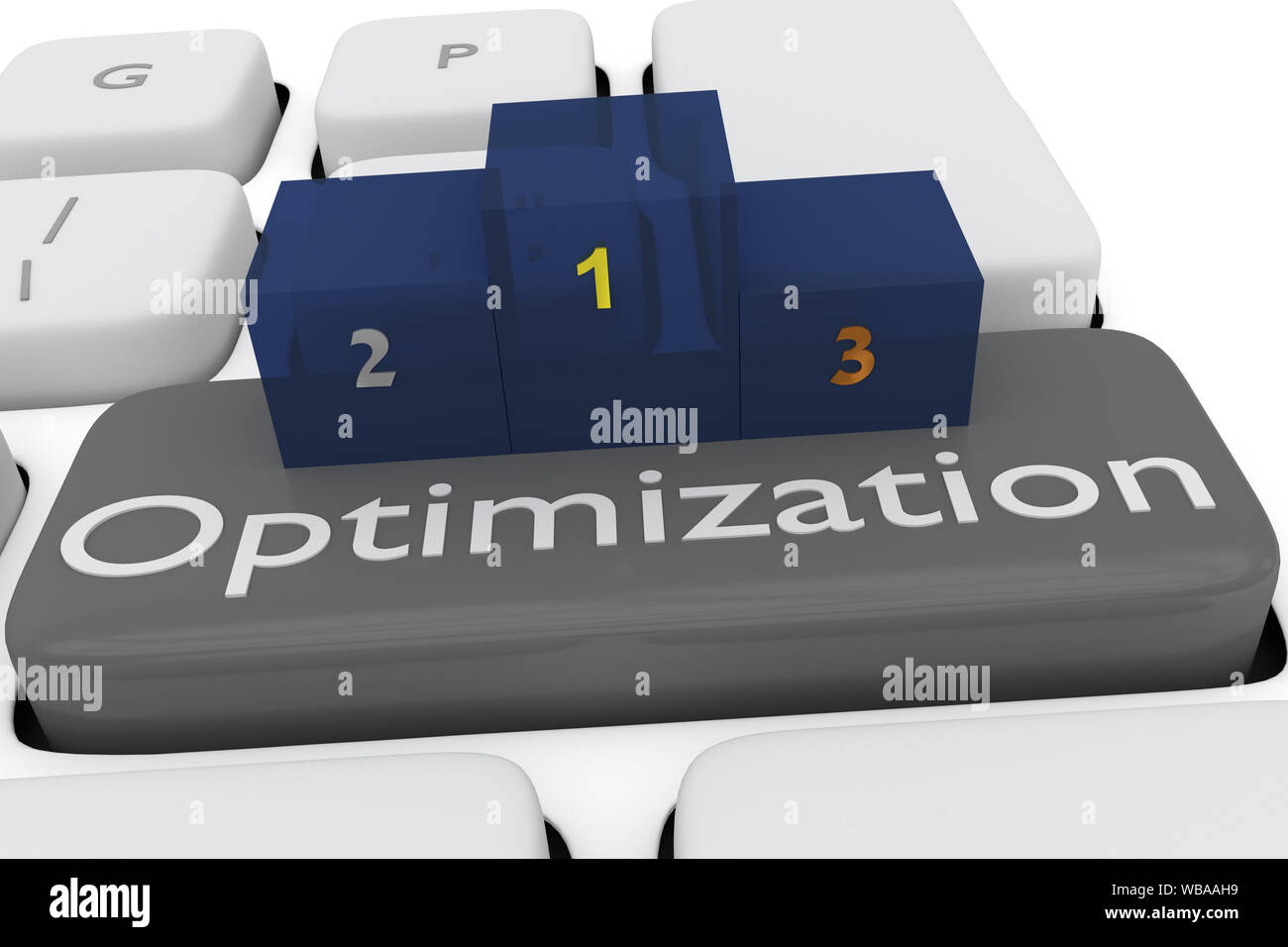 3D illustration of computer keyboard with the script Optimization on a ...