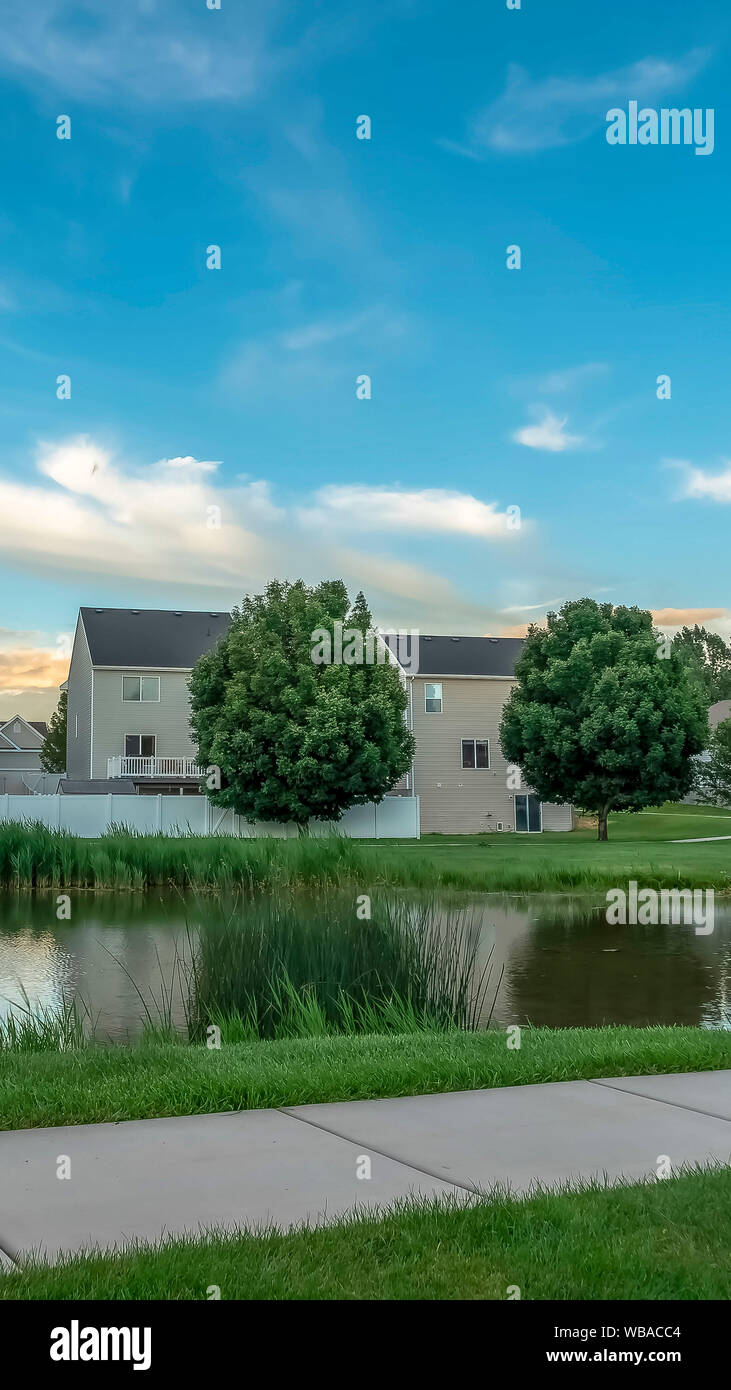 Vertical frame Pathway along a shiny pond on a grassy terrain with ...