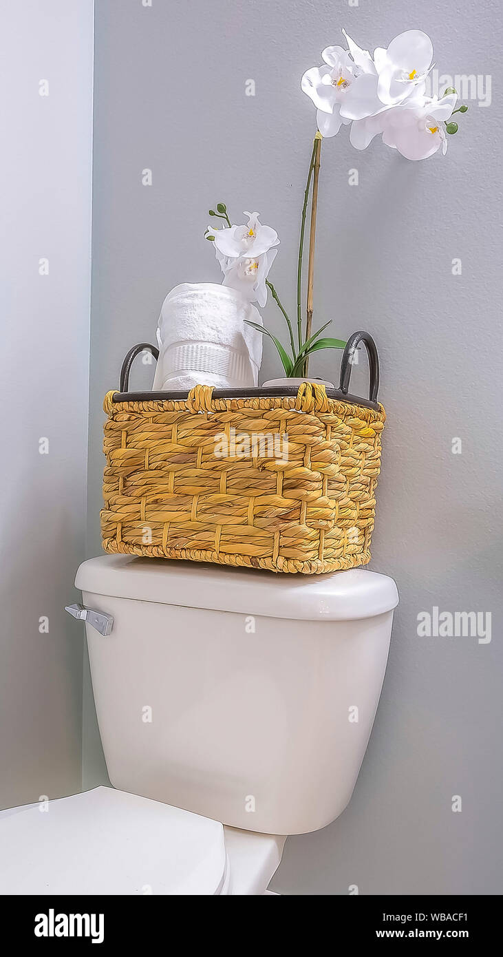 Vertical Toilet at the corner of a bathroom with a rattan basket on top ...
