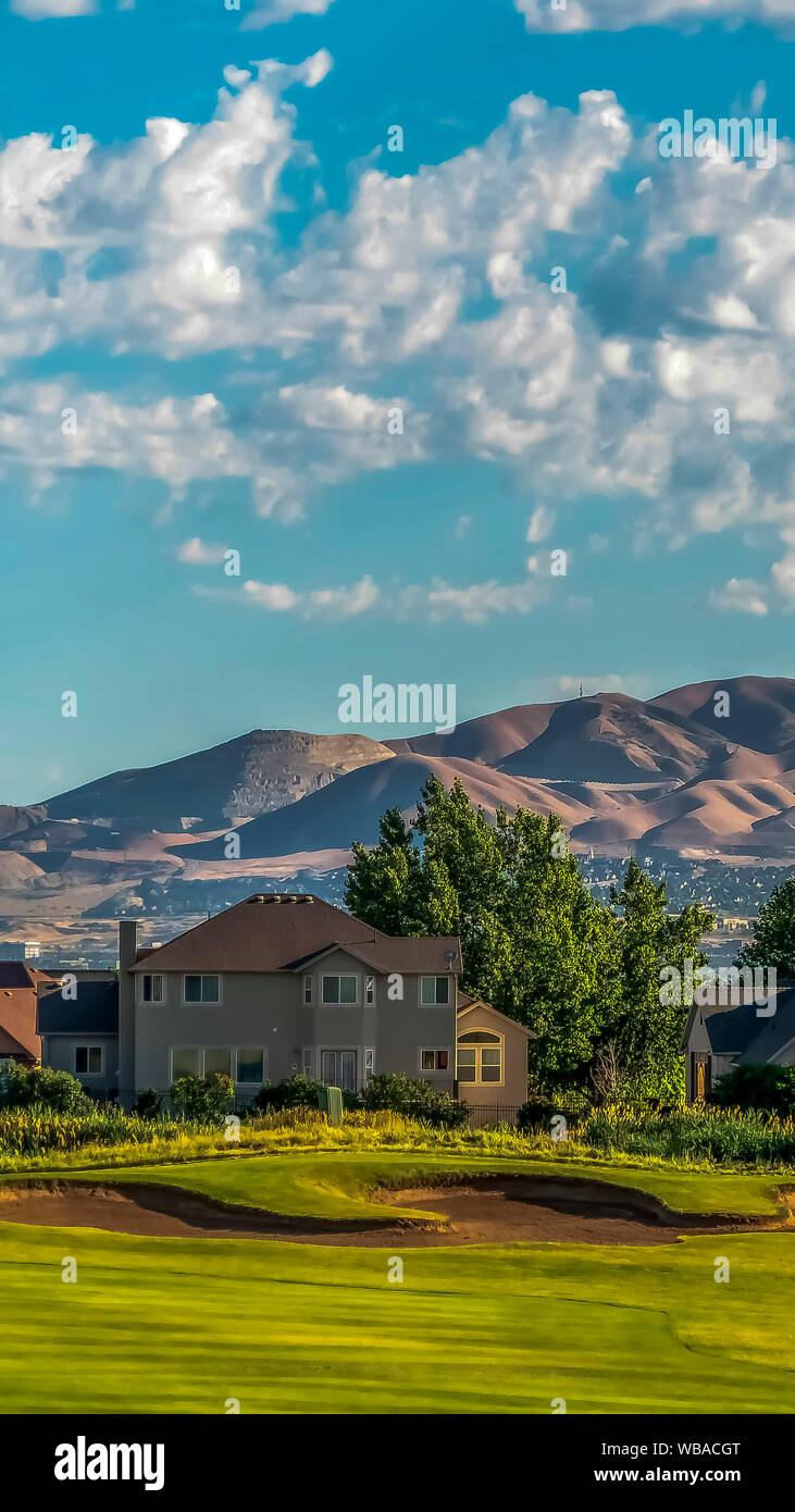 Vertical frame Fairway and bunker of golf course in front of homes with ...