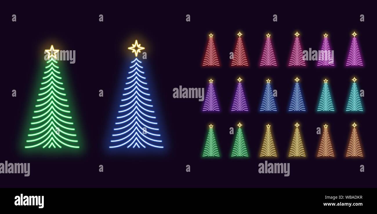 Neon Christmas Tree with Star, Festive icon decoration. Colorful Set of ...