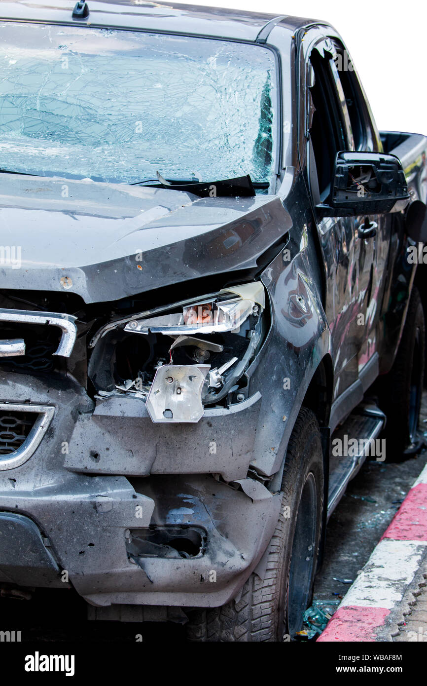 Car damage from accident on white background Stock Photo - Alamy