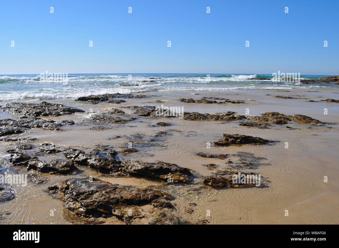Coastal beach view with rock formations and rock pools at South Valla ...