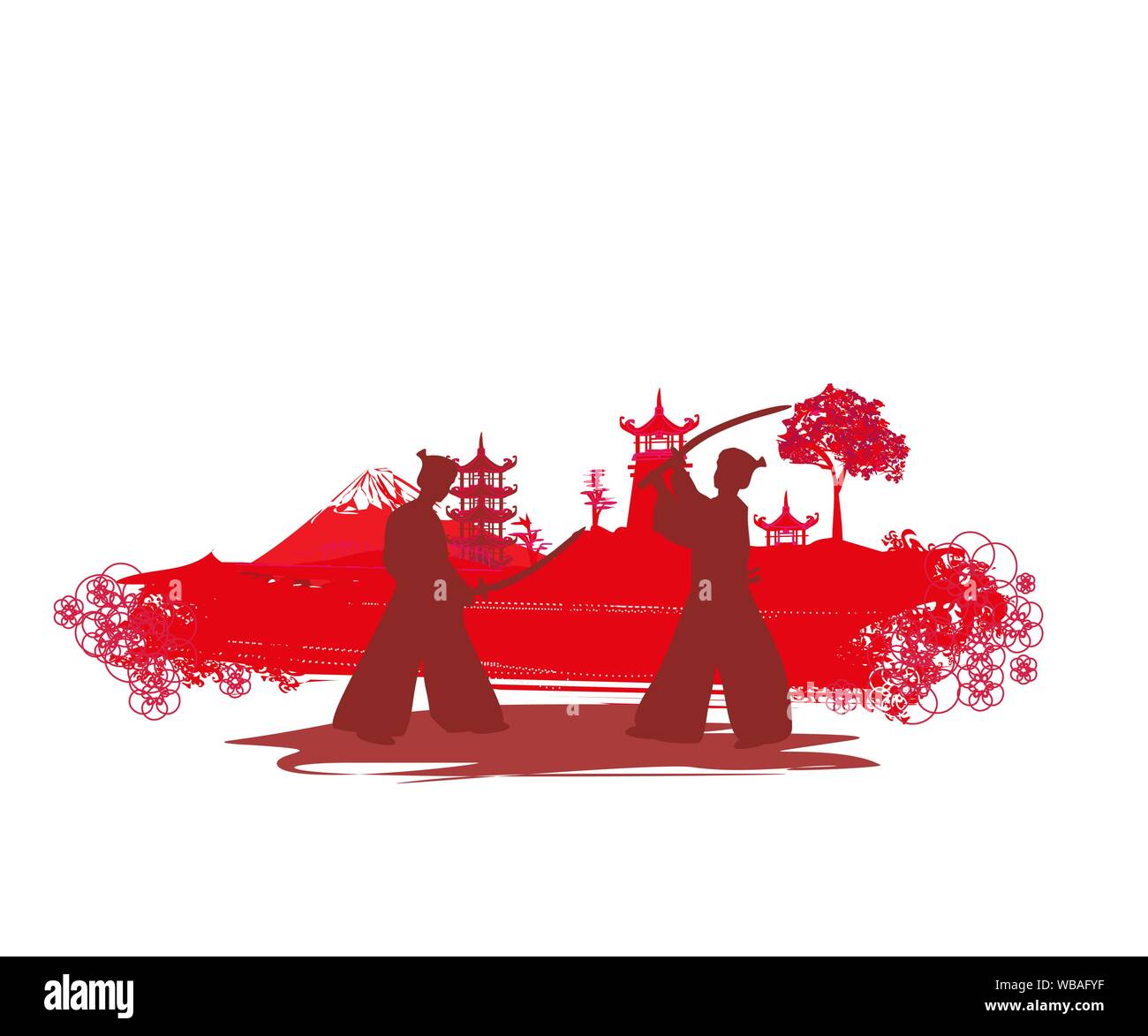 Japanese Samurai fighters silhouette on Asian landscape Stock Vector ...