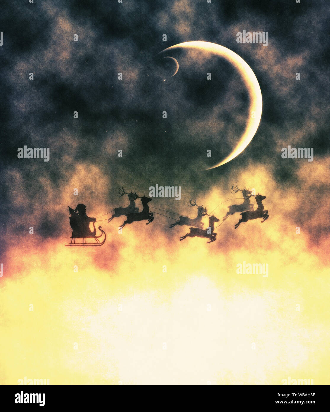 Flying Santa Claus with reindeers and crescent moon, night foggy ...