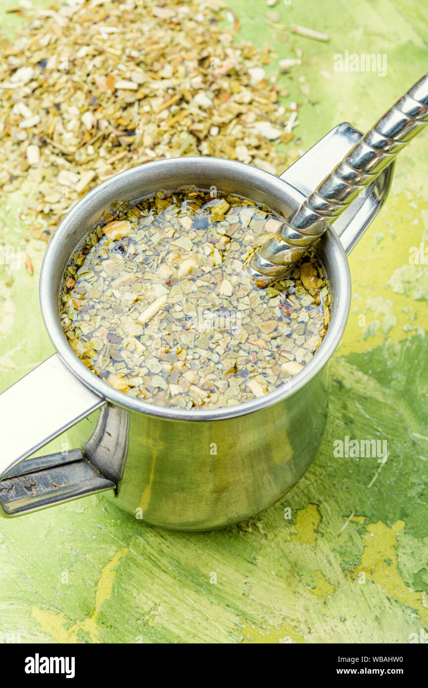 Yerba mate in calabash and dry herb.Traditional argentinian beverage ...