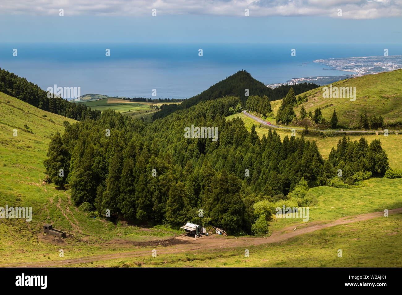 Small hills covered with a fresh green fields and meadows, falling to ...