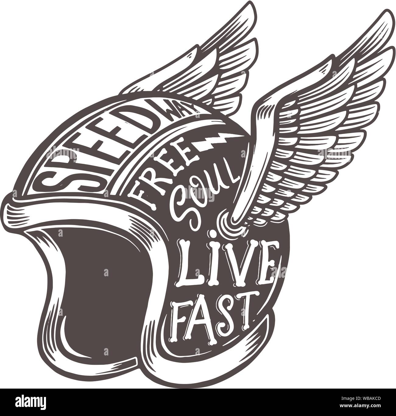 Winged motorcycle helmet with lettering on light background. Design ...