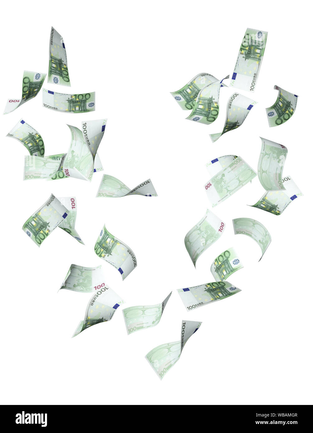 Flying banknotes of hundred euro. Isolated on white background. 3d ...