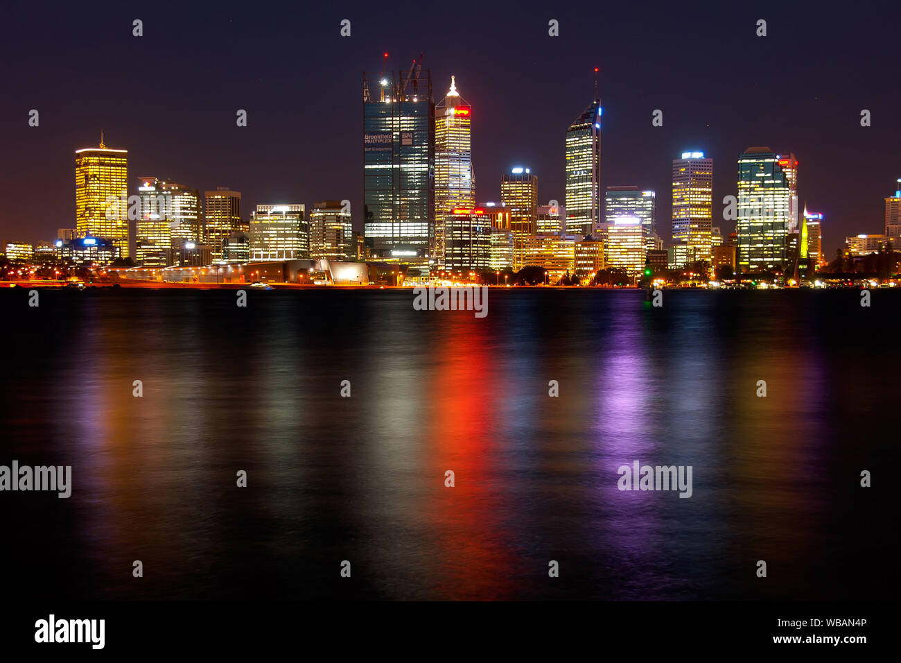 City skyline, view at night over the Swan River. Perth, Western ...