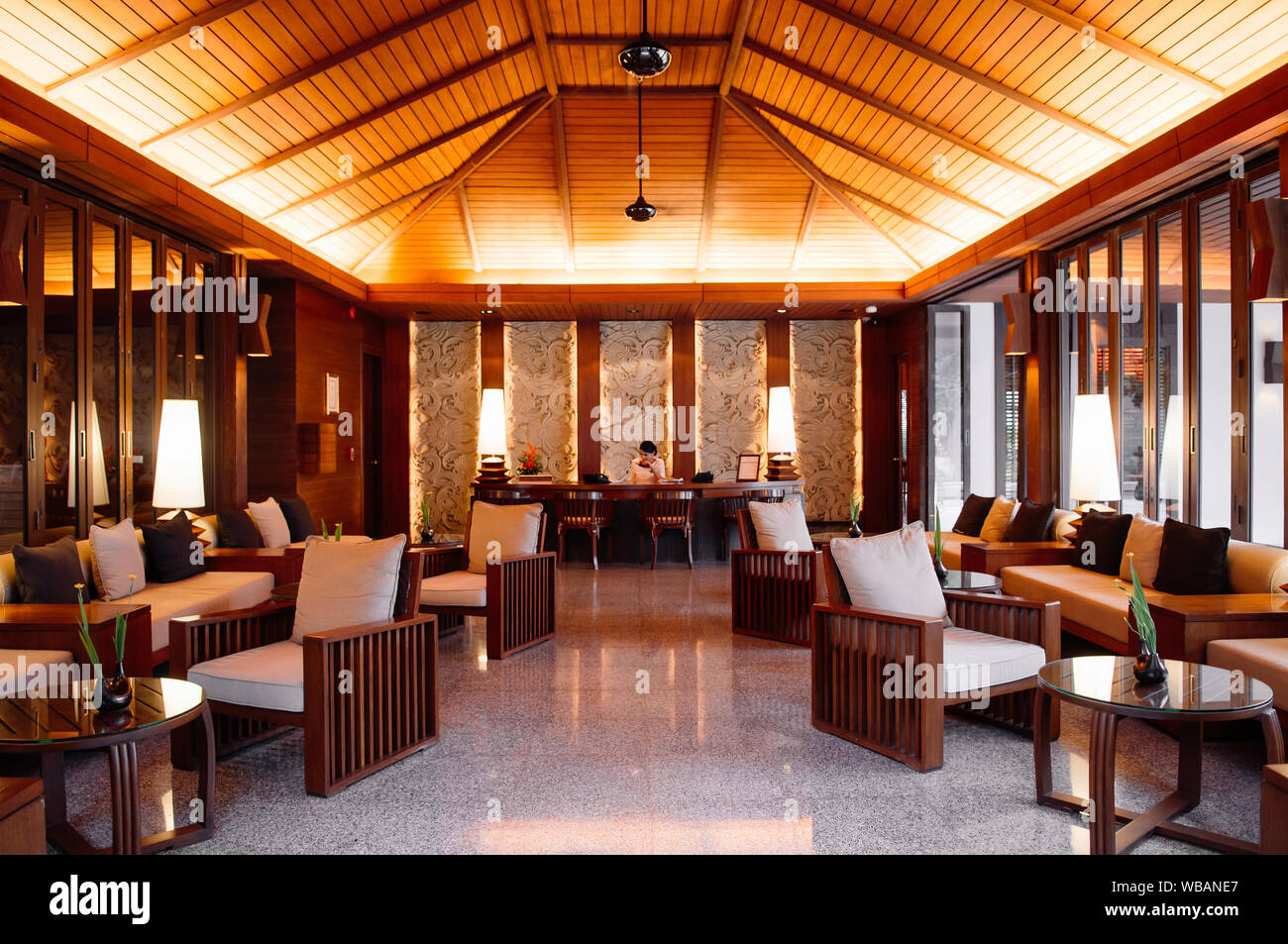 MAY 17, 2014 Krabi, THAILAND - Asian luxury style hotel lobby lounge ...