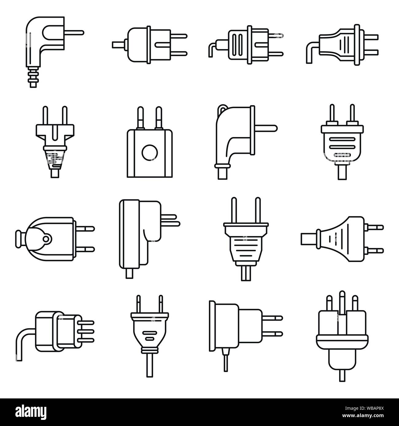 Plug cord icons set. Outline set of plug cord vector icons for web ...