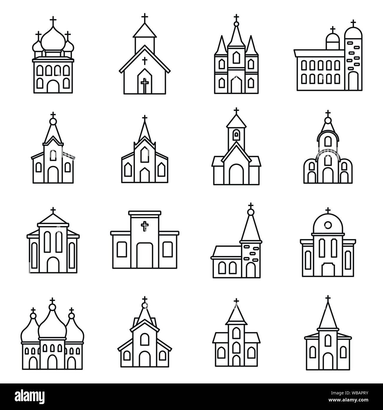 Religion church icons set. Outline set of religion church vector icons ...