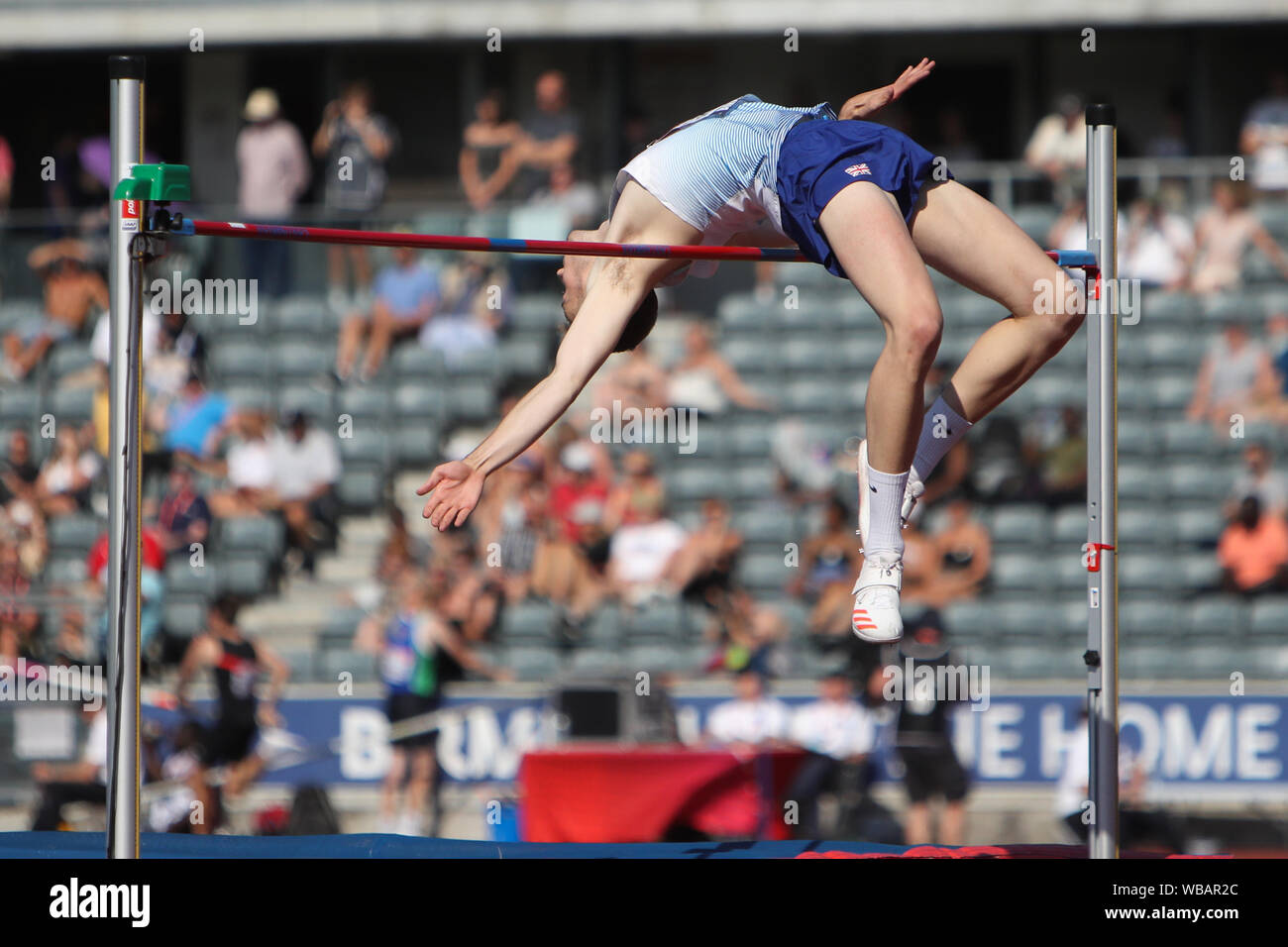 A high jumper in action over the bar at the British Athletics ...