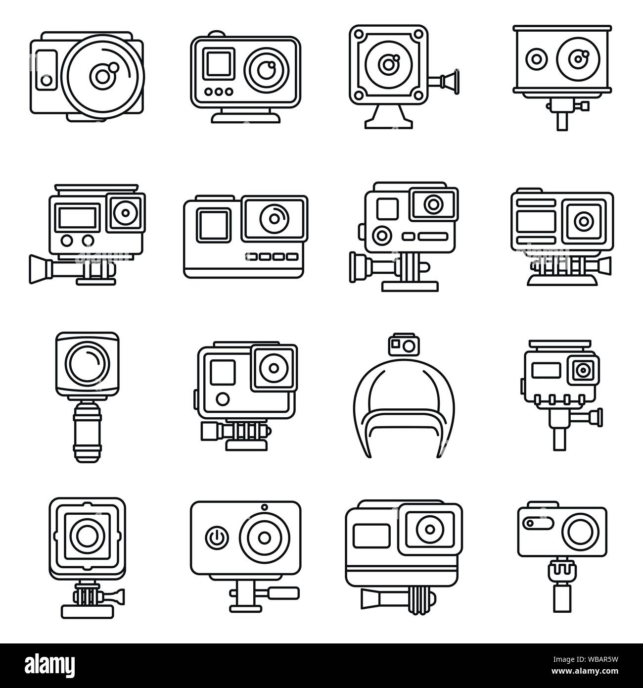 Digital action camera icons set. Outline set of digital action camera ...