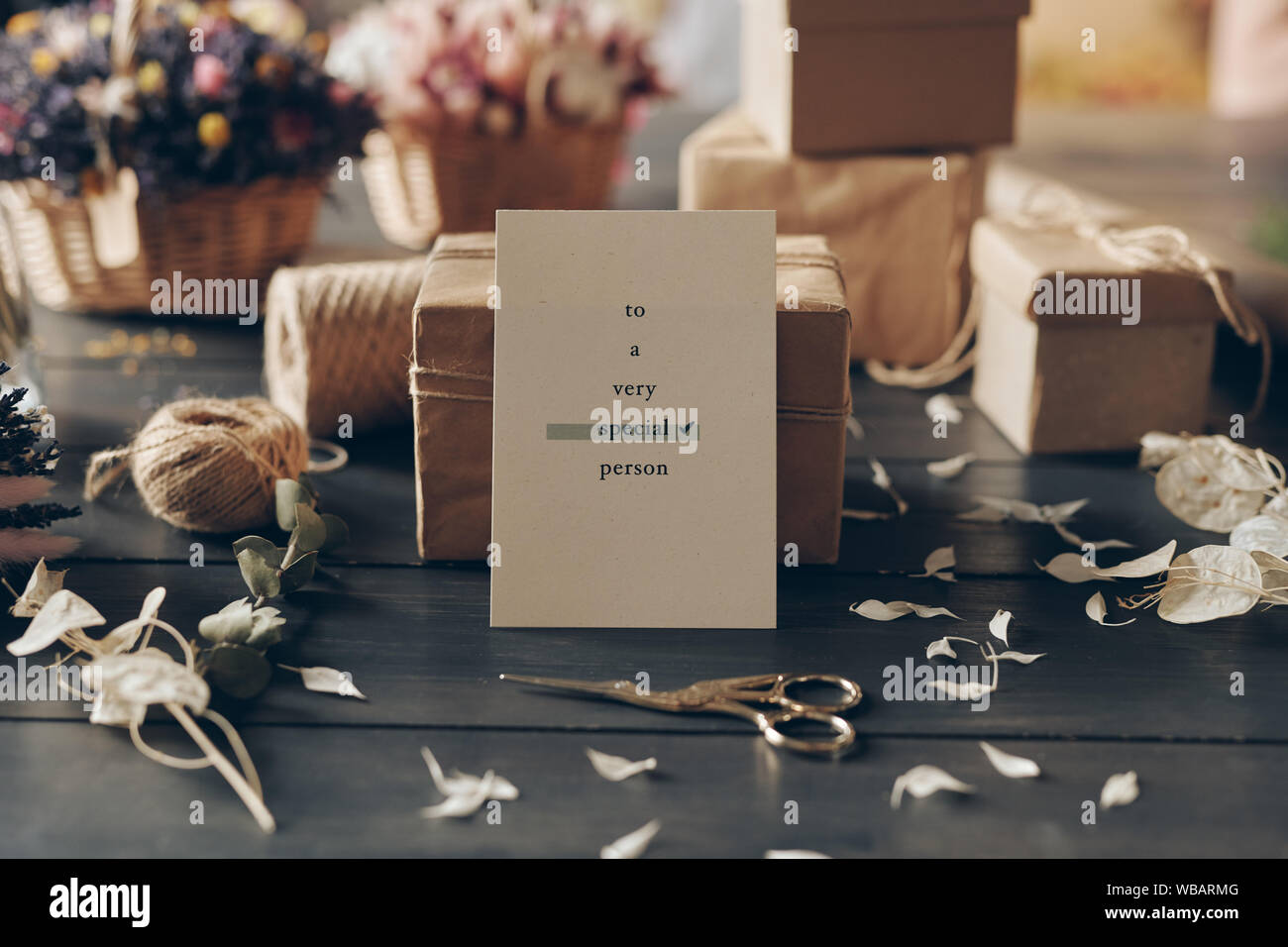 Still life composition with card Stock Photo - Alamy