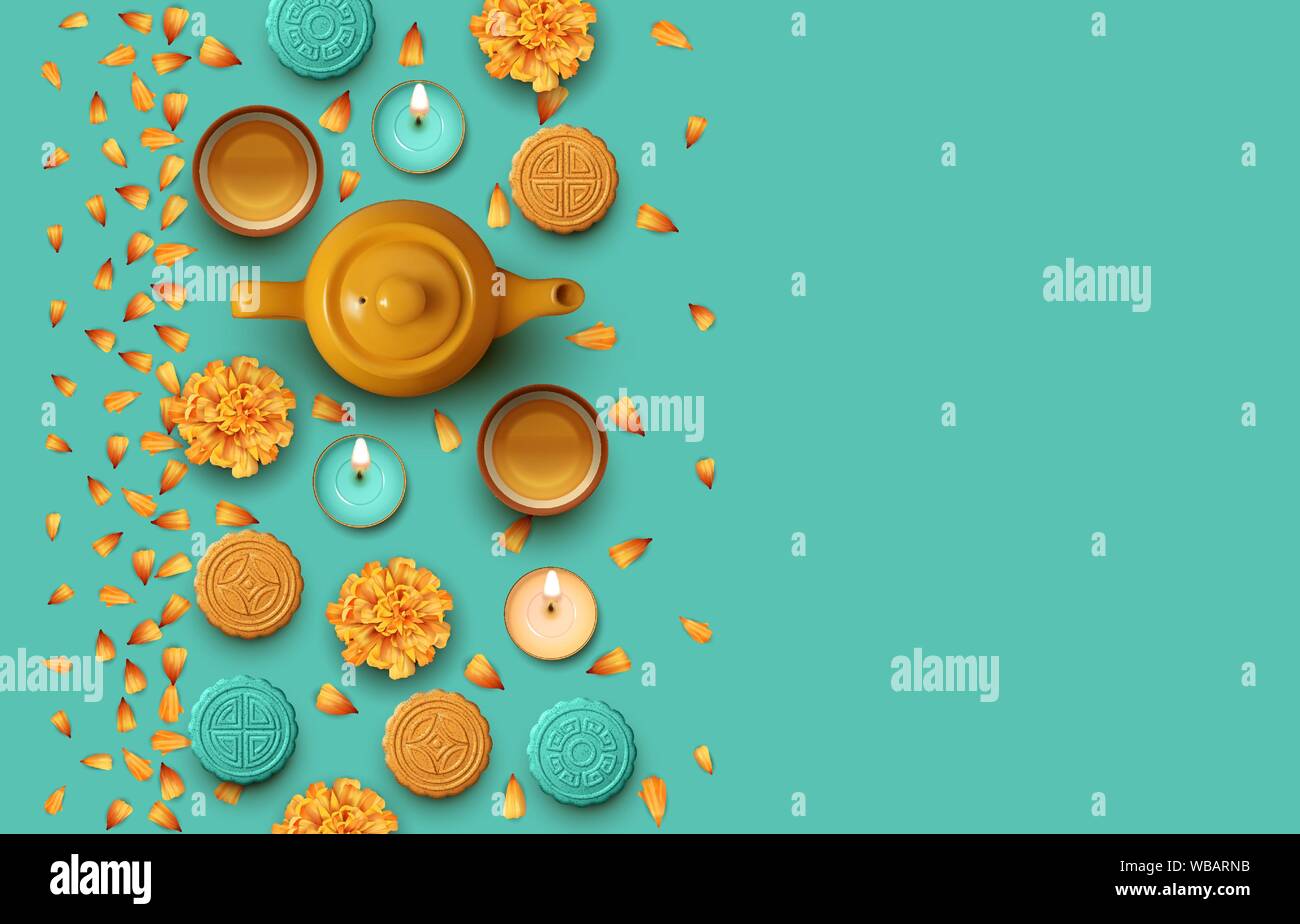 Mid autumn festival design. Teapot, tea cups, flowers and moon cakes ...