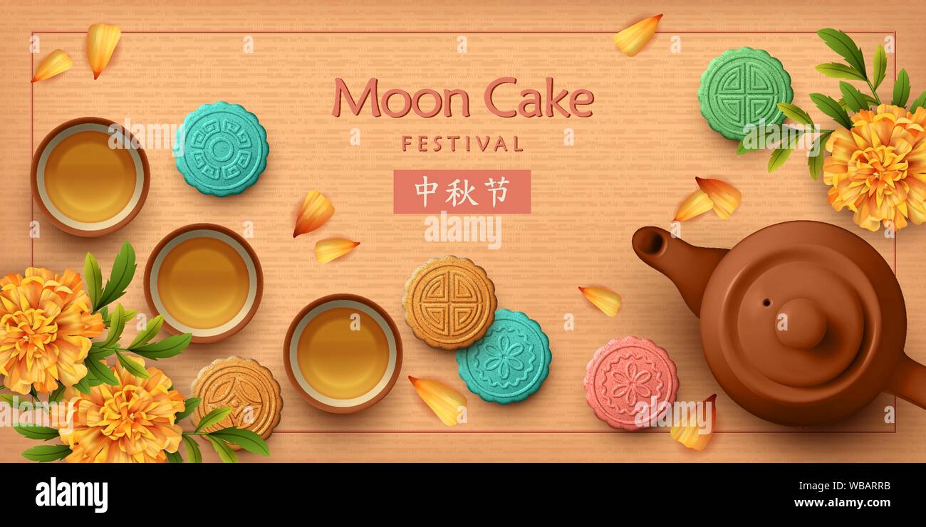 Mid autumn festival design. Teapot, tea cups, flowers and moon cakes ...