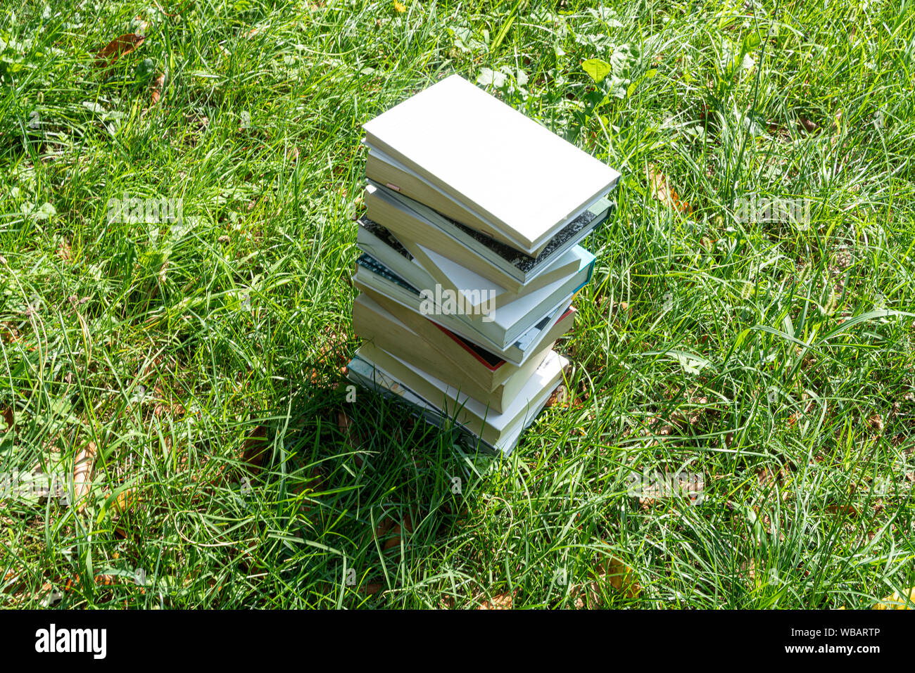 a stack of books on the grass in the middle of nature Stock Photo - Alamy