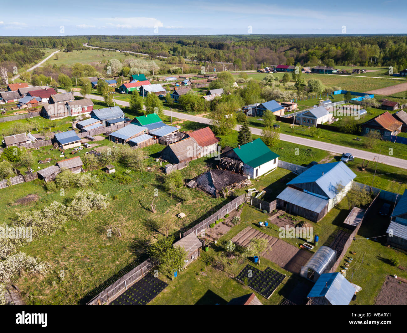 Aerial view of city of Nikolo-Ushna, typical village of Vladimir region ...