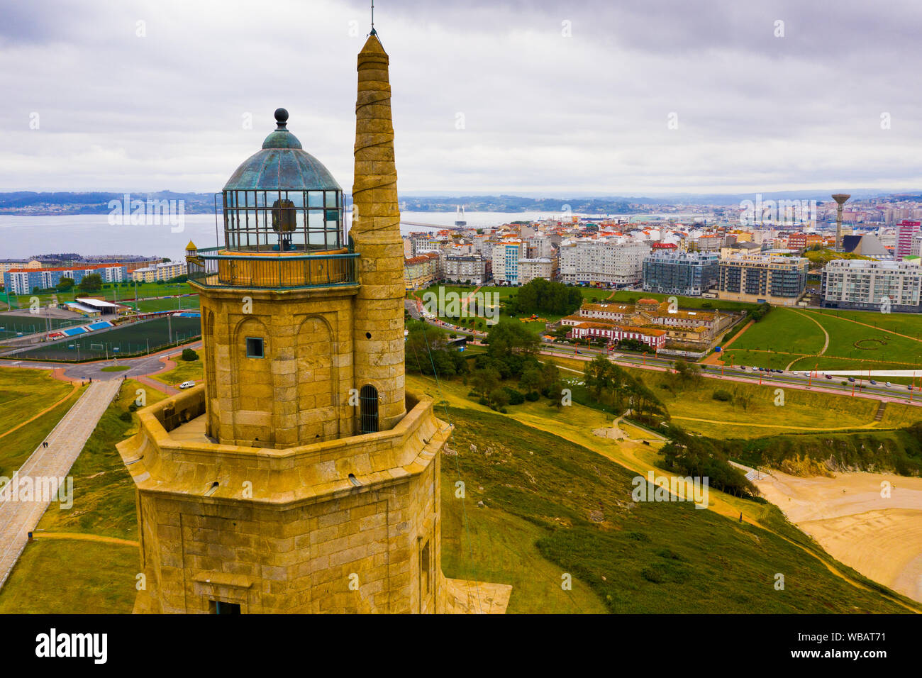Aerial view of oldest Roman lighthouse in use today, La Coruna, Spain ...