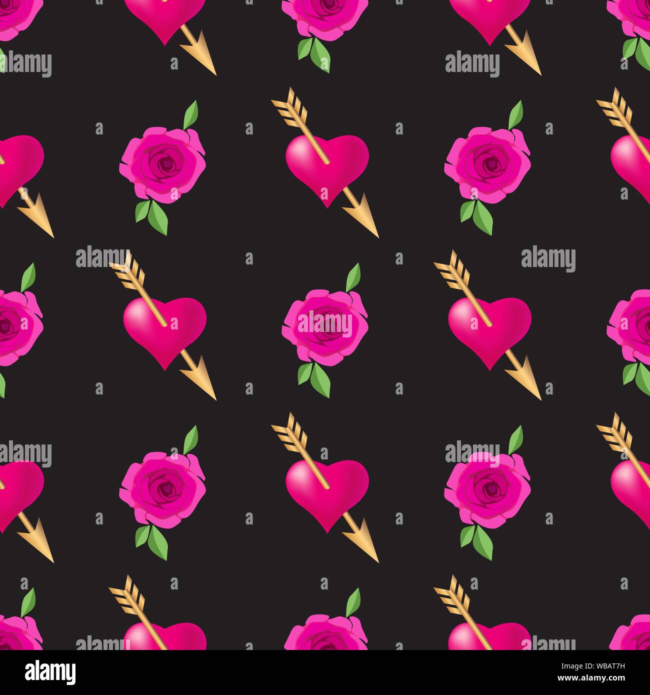 Seamless pattern background with hearts pierced by golden arrows and ...
