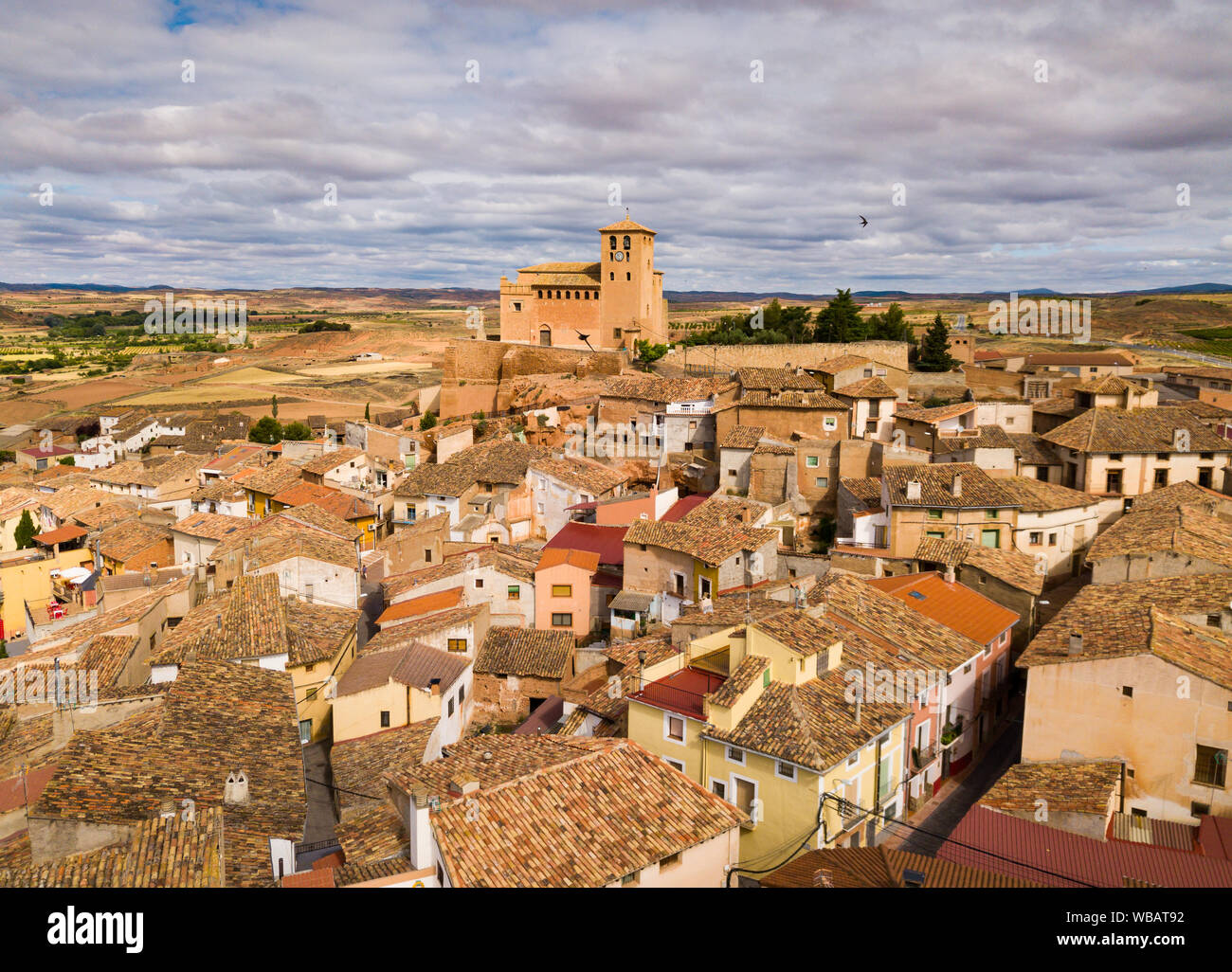 Aerial view of gothic Mudejar Catholic parish church of Santa Tecla in ...