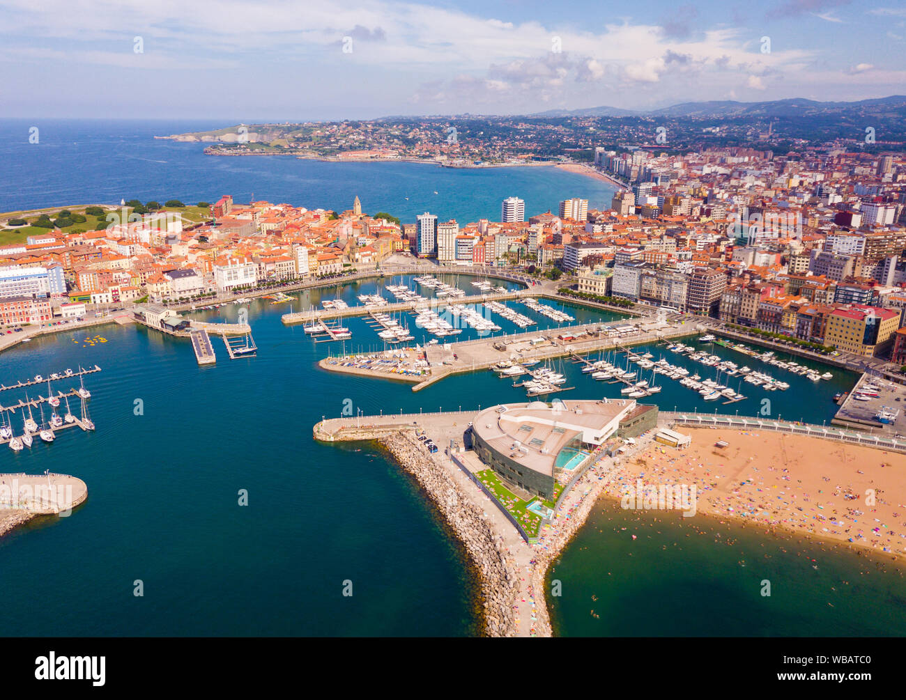 Panoramic aerial view of Gijon on Atlantic ocean coast overlooking of ...