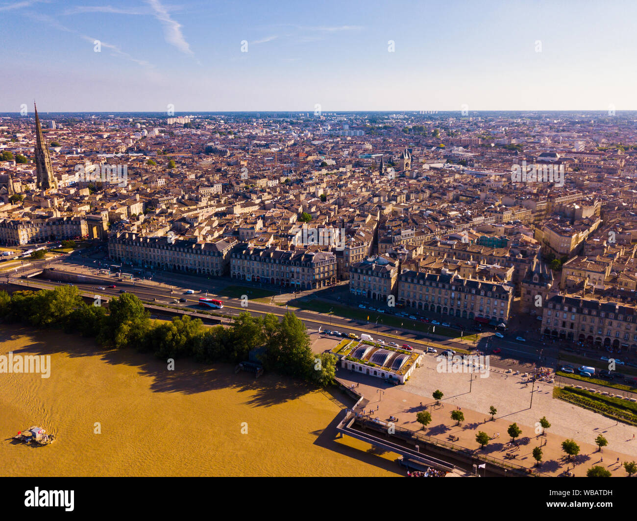 Aerial view of Bordeaux cityscape on banks of Garonne river overlooking ...