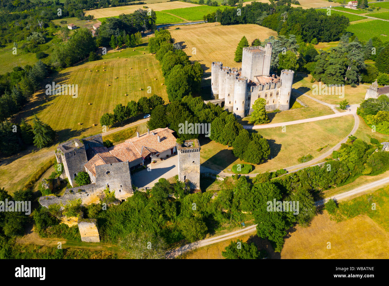 Aerial view of ancient fortified castle of Chateau de Roquetaillade in ...